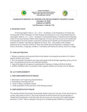 Narrative Report GAD Gad NARRATIVE REPORT ON GENDER AND DEVELOPMENT TRAINING GAD December