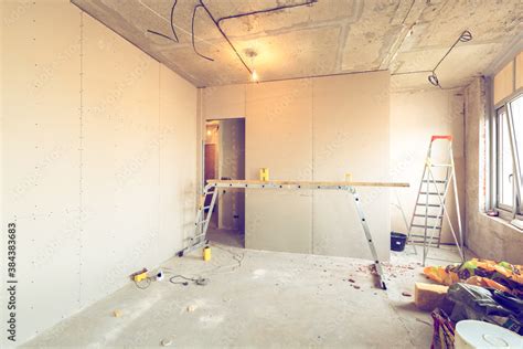 Working Process Of Installing Frames For Plasterboard Drywall And Construction Tools In