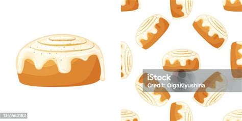 매끄러운 패턴 계피와 빵 갓 구운 달콤한 케이크 구운 페이스트리 아이템 흰색 배경에 플랫 벡터 그림입니다 벡터 일러스트레이션 연속무늬에 대한 스톡 벡터 아트 및 기타 이미지