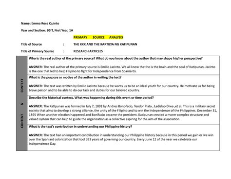 Activity Primary Source Analysis Name Emma Rose Quinto Year And Section BSIT First Year