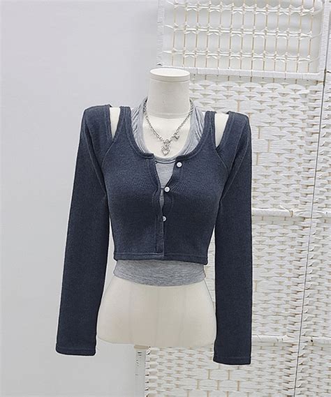 유니크힙글램섹시꾸안꾸레이어드 비스톤 슬림핏 유넥 골지 니트 가디건 어깨 트임 절개 단추 크롭 긴팔티 에이블리