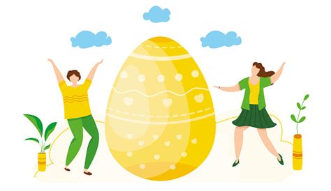 브러쉬와 페인트와 귀여운 작은 사람들의 현대 벡터 그림은 부활절 달걀을 장식합니다 남자와 여자는 춤과 부활절을 축하합니다 즐거운