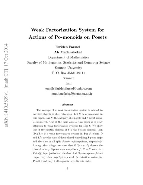 Pdf Weak Factorization System For Actions Of Po Monoids On Posets