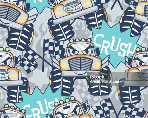 자동차 경주 요소가 있는 몬스터 트럭 만화의 매끄러운 패턴 4x4 자동차에 대한 스톡 벡터 아트 및 기타 이미지 4x4