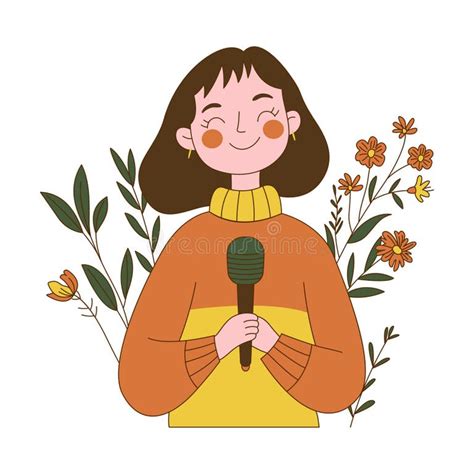 Innocent Nerd Girl Character Singing Using Microphone With Flower
