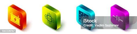 Isometric 자동차 배터리 마이크로 회로 Cpu 암페어 미터 멀티 미터 볼트미터 및 전기 회로 구성 표식 아이콘프로세서를 설정합니다 벡터 차에 대한 스톡 벡터 아트 및