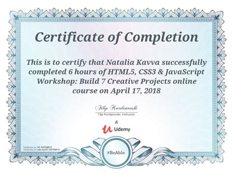 Natalia Geley On Linkedin Completion Certificate For Html5 Css3 And Javascript Workshop Build 7