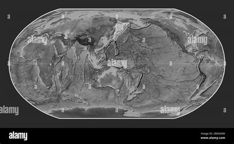Okhotsk Tectonic Plate On The Grayscale Elevation Map In The Robinson Projection Centered