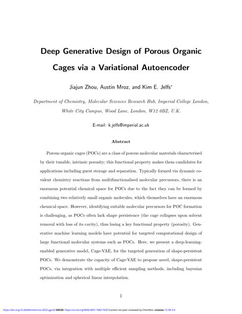 PDF Deep Generative Design Of Porous Organic Cages Via A Variational Autoencoder