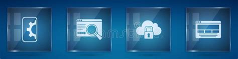 set web development ui or ux design cloud computing lock and square glass panels stock