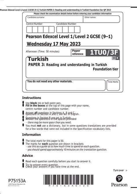 Pearson Edexcel Level 1 Level 2 Gcse 9 1 Turkish Paper 3 Reading And Understanding In Turkish