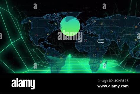 After Orb Fading In World Map Emerging Animating Data Markers Over Neon Grid For Global Data