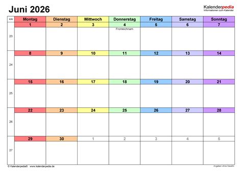 Kalender Juni 2026 Als Pdf Vorlagen