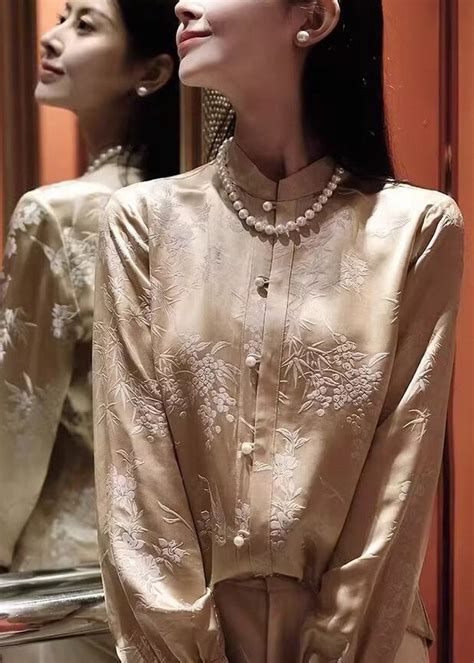 Chinese Style Champagne Stand Collar Button Jacquard Silk Shirts Sprin