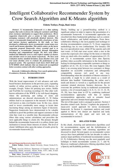 Pdf Intelligent Collaborative Recommender System By Crow Search