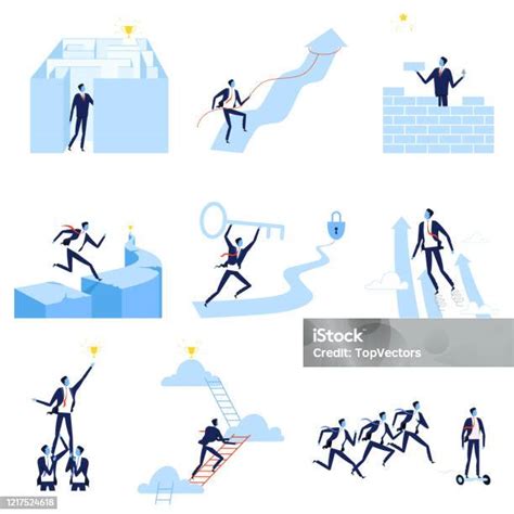 목표 설정 성공의 길 리더십 경쟁 도전 벡터 일러스트레이션을 향한 장애물을 극복하는 성공적인 사업가 개체 그룹에 대한 스톡 벡터 아트 및 기타 이미지 Istock