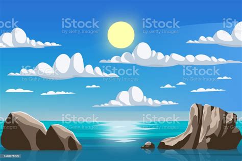 태양과 구름 배경 벡터 일러스트 레이 션이 있는 낮 빛에 바다 바다 풍경 바다에 대한 스톡 벡터 아트 및 기타 이미지 바다 지평선 0명 Istock