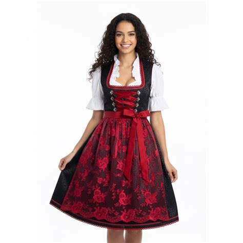 Womens Dirndl Dress Black Red Traditional Bavarian Oktoberfest
