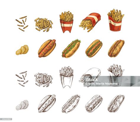 길거리 음식 테이크아웃 음식 패스트 푸드 정크 푸드의 손으로 그린 컬러 및 흑백 스케치 감자 감자 튀김 칩 핫도그 세트 메뉴에 좋습니다 0명에 대한 스톡 벡터 아트 및 기타