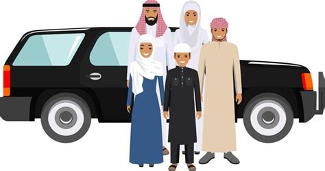 평평한 스타일로 차 근처에 서 있는 아랍 가족 벡터 일러스트 프리미엄 벡터