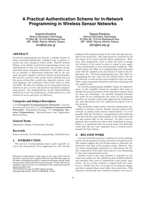 Pdf A Practical Authentication Scheme For In Network Programming In Wireless Sensor Networks