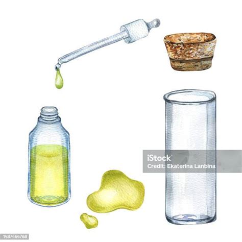 코르크가 있는 유리 플라스크 기름 방울 흰색으로 분리된 수채화 그림 투명한 병 실험실 비커 손으로 그린 에센셜 오일용 튜브 라벨