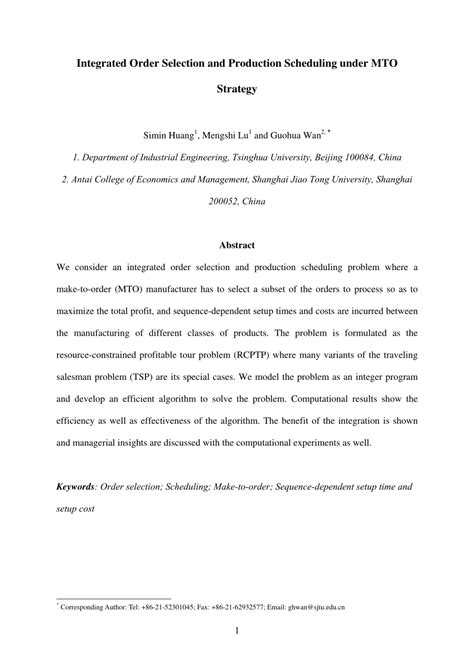 Pdf Integrated Order Selection And Production Scheduling Under Mto Strategy