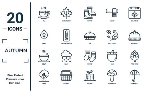 가을 선형 아이콘 세트입니다 얇은 선 차 잎 수프 나무 우산 파이 보고서 프리젠 테이션 다이어그램 웹 디자인을위한 솔방울 아이콘을 포함합니다 0명에 대한 스톡 벡터 아트 및