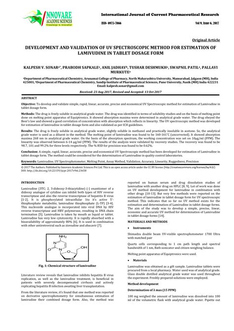 Pdf Development And Validation Of Uv Spectroscopic Method For Estimation Of Lamivudine In