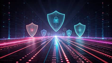 Futuristic Digital Landscape With Glowing Shields Symbolizing Cybersecurity Stock Illustration
