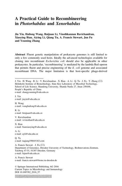 Pdf A Practical Guide To Recombineeringrecombineering In Photorhabdus
