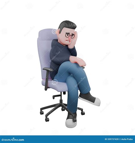 A Male Programmer Sits On A Work Chair With His Legs Crossed And His Left Palm Supporting His