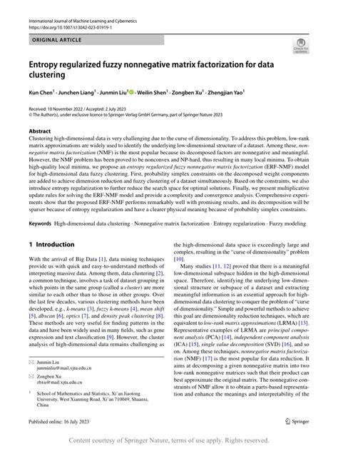 Entropy Regularized Fuzzy Nonnegative Matrix Factorization For Data Clustering Request Pdf