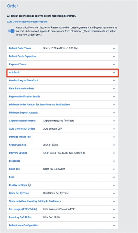 Order Settings Autobook Tapgoods