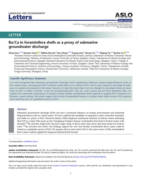 Pdf Ba Ca In Foraminifera Shells As A Proxy Of Submarine Groundwater Discharge