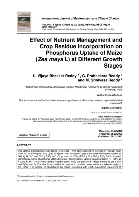 Pdf Effect Of Nutrient Management And Crop Residue Incorporation On Phosphorus Uptake Of Maize