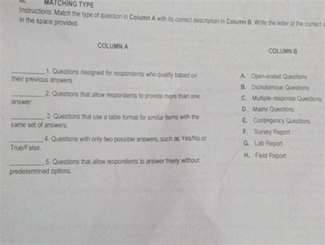 Matching Type Instructions Match The Type Of Question In Column A With Its Correct Description