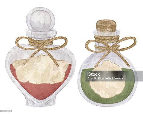 로프와 라벨로 장식 된 빈티지 빨간색과 녹색 물약 병이있는 수채화 그림 세트 격리 낙서 드로잉에 대한 스톡 벡터 아트 및 기타 이미지 낙서 드로잉 다중 색상 독성