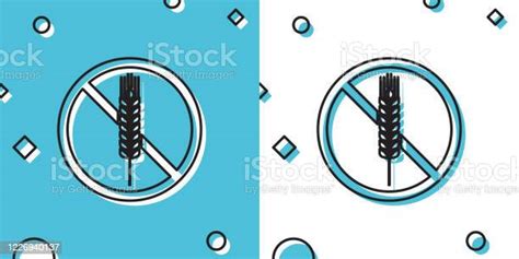 파란색과 흰색 배경에 격리 된 검은 글루텐 무료 곡물 아이콘입니다 밀 기호가 없습니다 음식 편협 기호입니다 임의 동적 셰이프 벡터 일러스트레이션 가능성에 대한 스톡 벡터