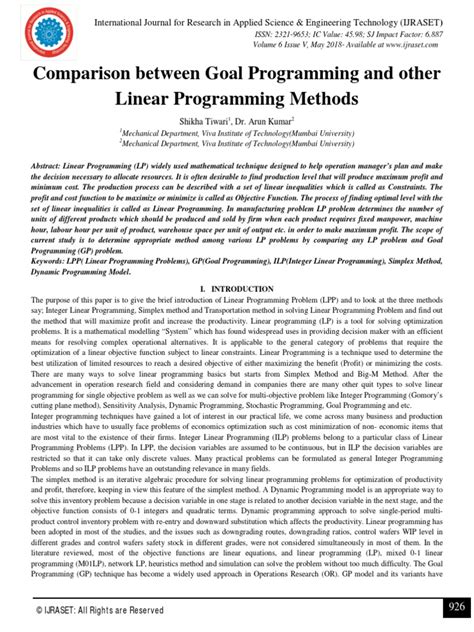 Comparison Between Goal Programming And Other Linear Programming