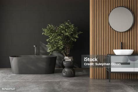 콘크리트 바닥 검은 욕조와 흰색 분지 나무 벽 식물이 있는 현대적인 어두운 욕실 인테리어 현대적인 가구를 갖춘 미니멀한 욕실 3d 렌더링 0명에 대한 스톡 사진 및 기타
