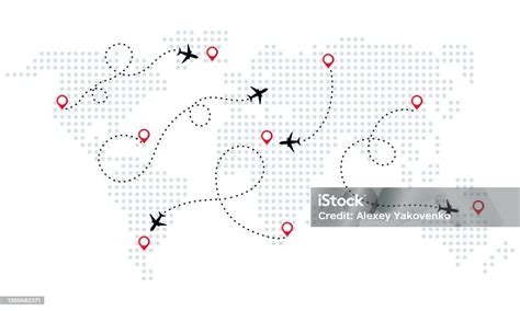 비행기는 점선에 있습니다 세계지도 항공 비행기 비행 경로 여행 계획의 세계지도 관광 및 여행 플랫 스타일로 벡터 그림 화살표에 대한 스톡 벡터 아트 및 기타 이미지 Istock