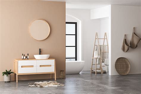 베이지 색 벽이있는 현대적인 욕실 인테리어 타원형 거울이있는 흰색 싱크대 욕조 0명에 대한 스톡 사진 및 기타 이미지 0명