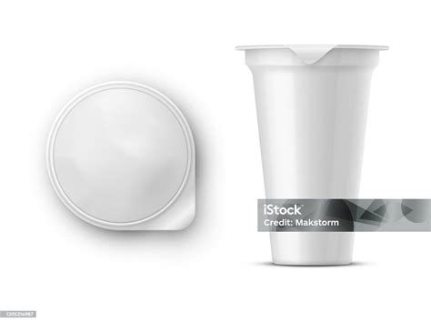 요구르트 사워 크림 및 기타 유제품 및 디저트를 저장하기위한 호일 뚜껑이있는 둥근 광택 흰색 현실적인 벡터 냄비 3차원 형태에 대한 스톡 벡터 아트 및 기타 이미지 Istock