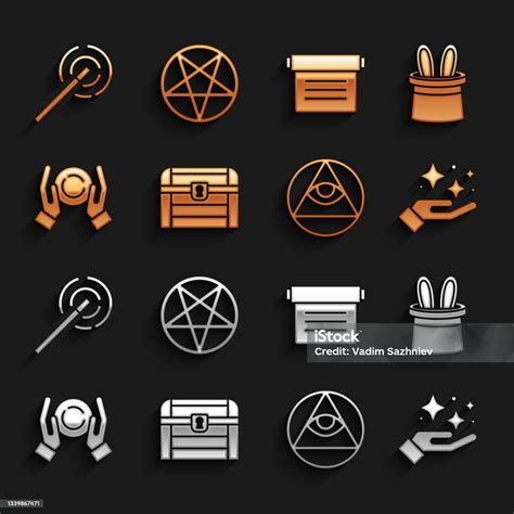 골동품 보물 상자 마술사 모자와 토끼 귀 마법 트릭 메이슨 공 손 고대 책 지팡이와 원 아이콘 펜타그램 스파클 별 세트 벡터 Freemasons에 대한 스톡 벡터 아트 및