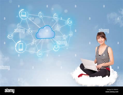 Happy Woman Sitting On Cloud With Cloud Computing Stock Photo Alamy