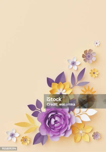 3d 렌더링 파스텔 종이 꽃 식물 배경 코너 디자인 요소 보라색 장미 작 약 노란 데이지 잎 아름 다운 꽃다발 꽃 배열 보육 벽 장식 꽃 식물에 대한 스톡 사진 및 기타