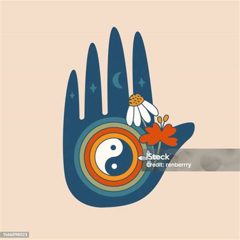 Celestial Abstract Clip Art With Hand Yin Yang Symbol Retro Flowers