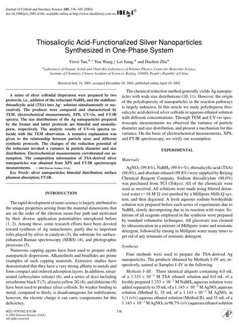 Pdf Thiosalicylic Acid Functionalized Silver Nanoparticles