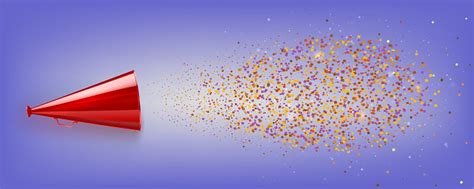 파란색 배경에 빨간색 오래된 라우드 스피커 여러 가지 빛깔의 먼지가 메가폰에서 날아갑니다 벡터 3d 그림입니다 0명에 대한 스톡